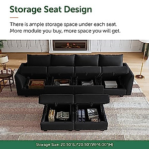 HONBAY Convertible Sectional Sofa Velvet U Shaped Couch with Reversible Chaise Modular Sectional Couch 6 Seater Sofa with Storage Seat, Black
