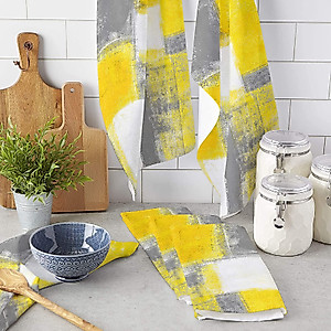 Grey and Yellow Kitchen Towels Set of 2, Abstract Art Painting Absorbent Dish Towel for Kitchen Microfiber Dish Cloths for Drying and Cleaning Reusable Cleaning Cloths Modern Doodle Decor 18x28in