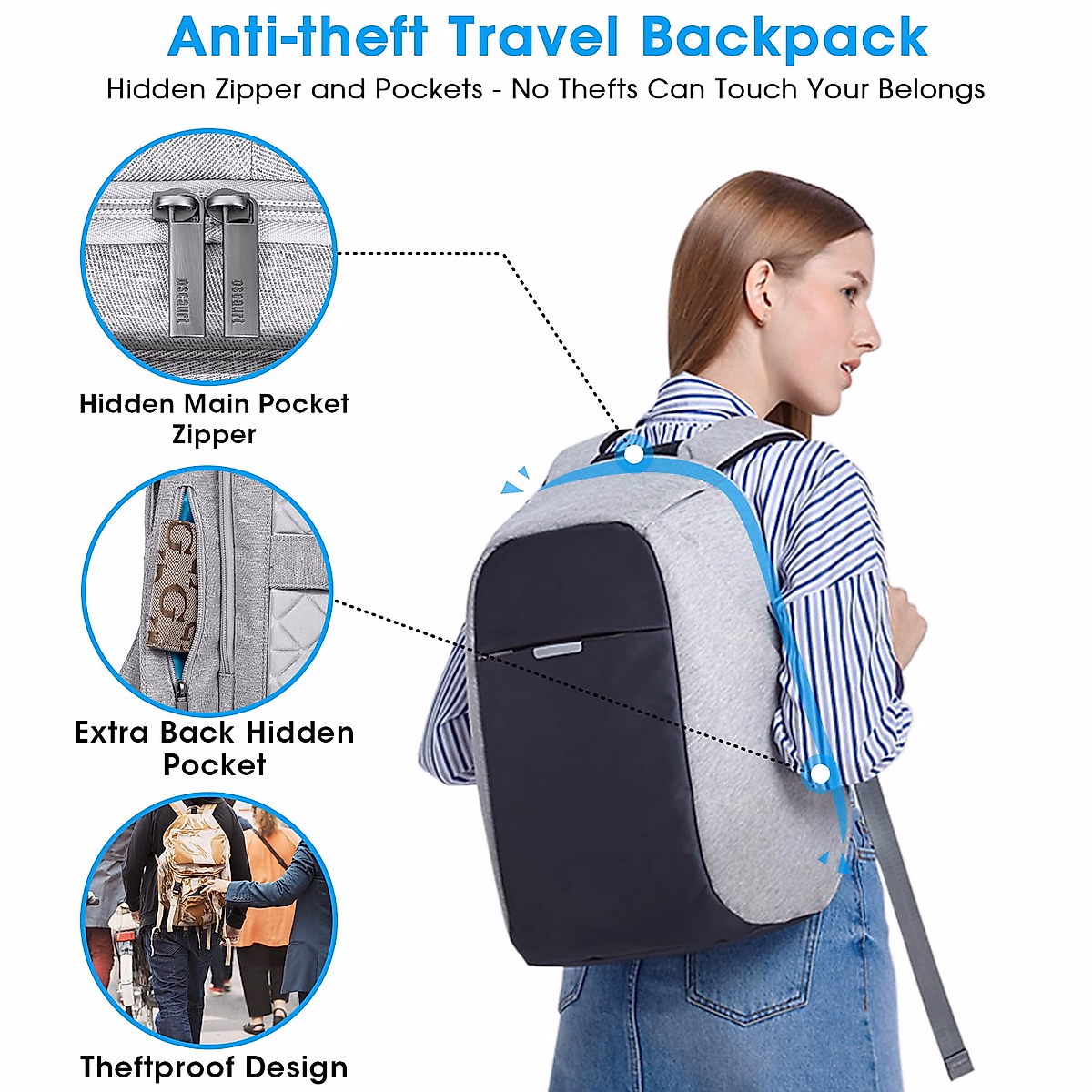 oscaurt Anti Theft Backpack 15.6 Inch Laptop Travel Backpack with Hidden Zipper and USB Charging Port Waterproof Business Computer Bag for Men & Women