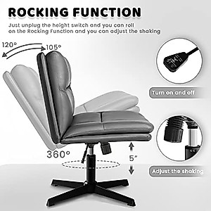 LEMBERI PU Leather armless Office Desk Chair no Wheels,Criss Cross Legged Home Office Chair, Wide Padded Swivel Vanity Chair,120°Rocking Mid Back Ergonomic Computer Task Chair for Make Up,Small Space