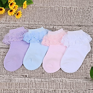 sockfun Girls Ruffle Socks for Kids - Frilly Lace Socks for Girls Baby Toddler Child, White Dress Socks for Girls Blue 4-6 Years