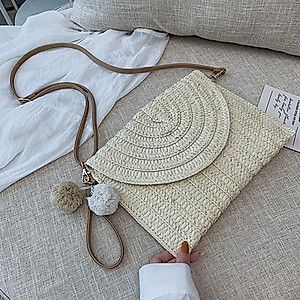 Straw Shoulder Bag Women Straw Clutch Summer Beach Crossbody Bag Handmade Woven Purse Handbag Holiday Gifts, Beige, 7.9 x 10.6 inch