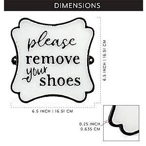 AuldHome Cast Iron Sign: Please Remove Your Shoes; Farmhouse Metal Plaque in Black and White 6.5 inches x 6.5 inches; Includes Mounting Hardware