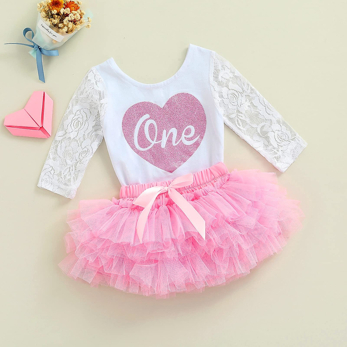 Newborn Baby Girl 1st Birthday Outfits Boho Lace Romper Dress Long Sleeve Bodysuit Jumpsuit Infant Tutu Dress Clothes Sets (A1 White, 9-12 Months)