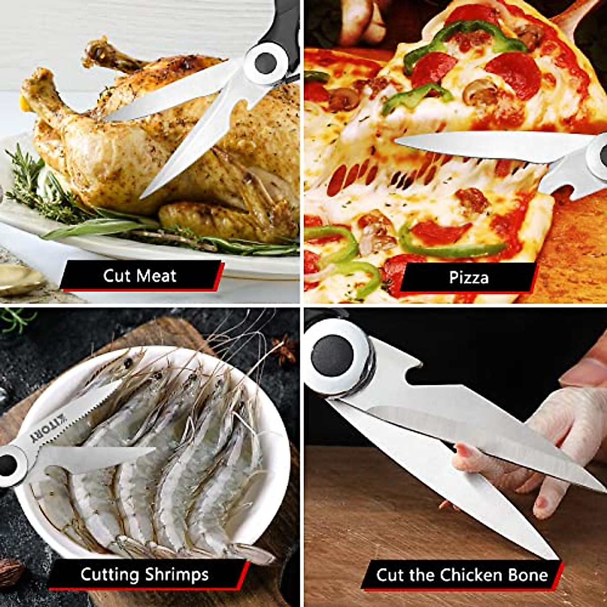 KITORY Kitchen Shears Multi-Purpose Kitchen Scissors Ultra Sharp Heavy Duty Sissors with Sheath for Poultry/Chicken/Fish/Meat/Veggies/Office/BBQ Nut cracker Bottle Opener - Red&Black