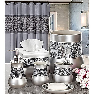 Creative Scents Silver Bathroom Accessories Set complete - Decorative Crackled Glass 6 Piece Bathroom Set Features: Trash Can, Tissue Box Cover, Soap Dispenser, Toothbrush Holder, Soap Dish, & Tumbler