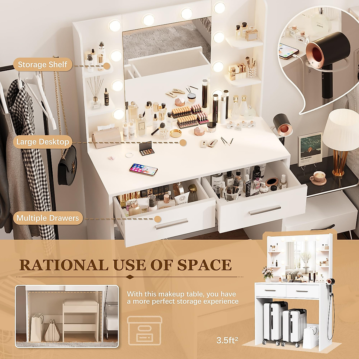 Furmax Make up Vanity Desk with Mirror and Power Outlet, Vanity with 3 Color Light Options Adjustable Brightness,Vanity Desk with 2 Drawers, 6 Storage Shelves (White, with Bench)