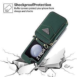 EAXER for Samsung Galaxy Z Flip 5 Case, Shockproof PU Wallet Folding Case Leather Zipper Crossbody Strap Cover (Green)