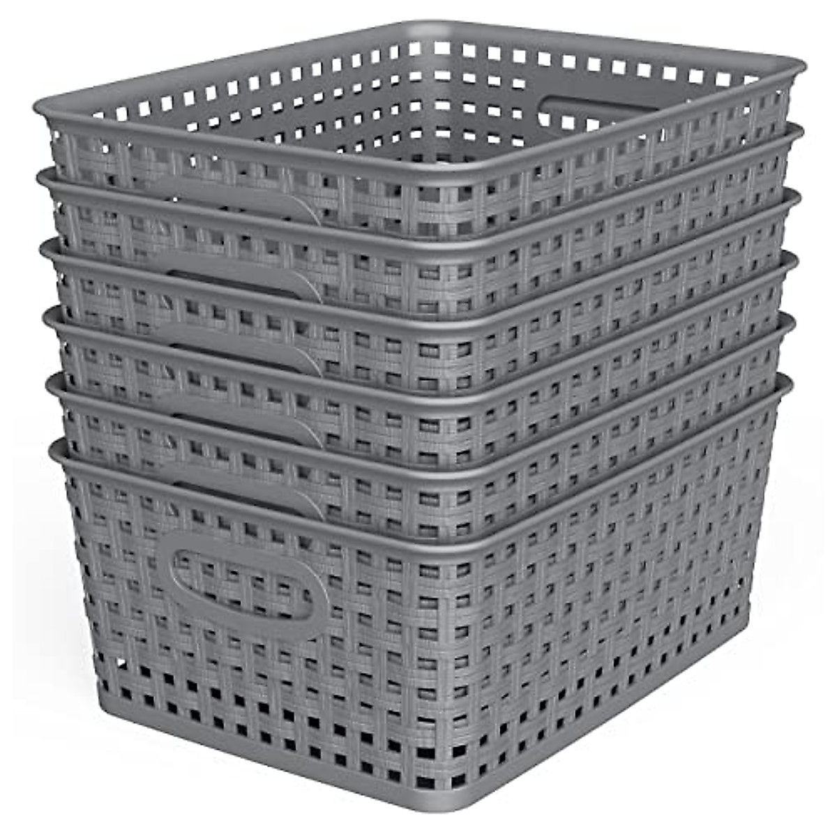 Weave Storage Organizer Baskets, Grey 6-Pack Plastic Woven Baskets, 10.1" x 7.55" x 4.1"