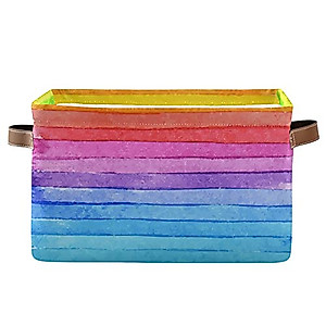 Square Storage Basket Colorful Striped Watercolor Bright Rainbow Print Storage Bin Box Canvas Collapsible Cube Organizer Laundry with Handles for Home Office Shelves 2pack