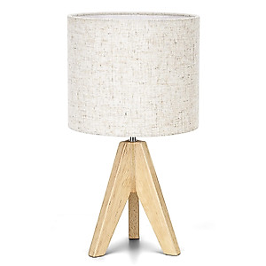 DEWENWILS Small Table Lamp, Boho Bedside Lamp with Linen Fabric Shade, Wood Tripod Nightstand Lamp for Living Room, Nursery, Bedroom, Kids Room, Side Table, 14.2 Inch, ON/Off Switch