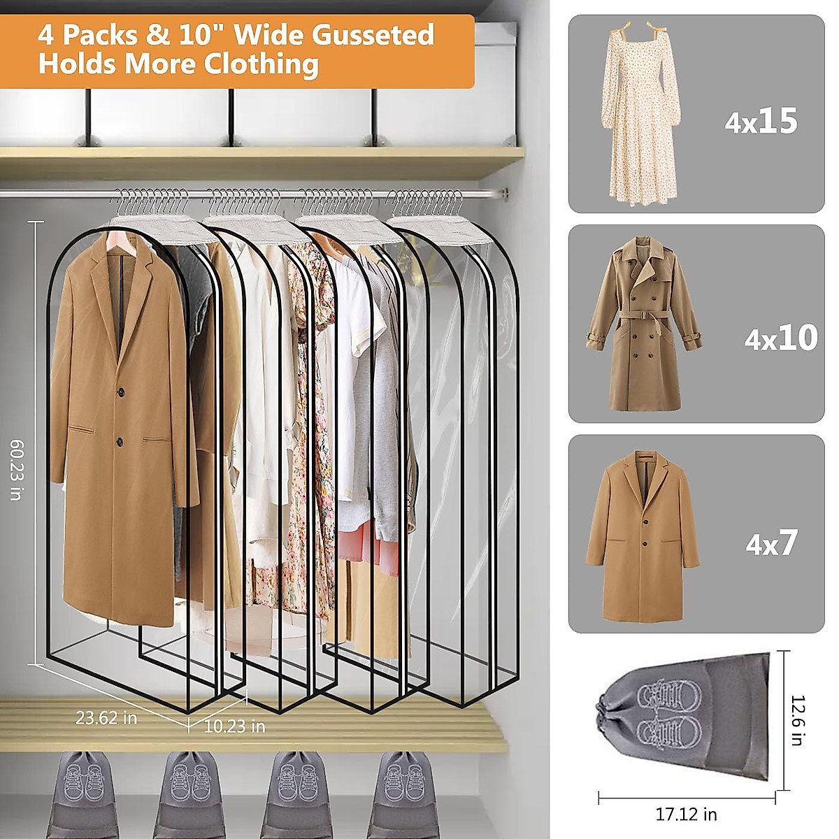 ANBOO 60" Long Garment Bags for Hanging Clothes, 10" Gusseted Waterproof All Clear Garment Bags for Storage, Hanging Garment Bag with Smooth Side Zipper for Shirts, Coat, Jacket, Dresses, 4 Pcs