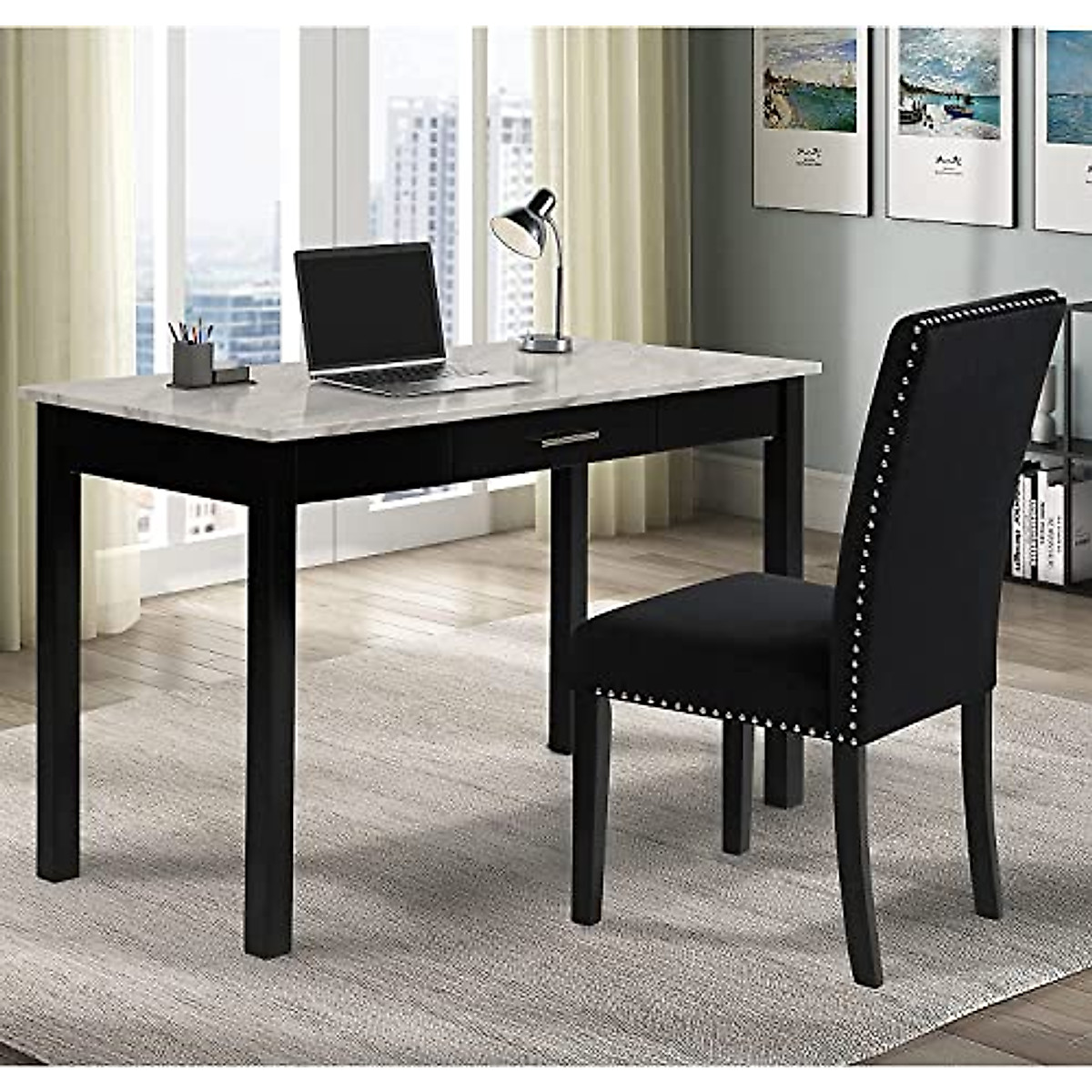 New Classic Furniture Celeste Faux Marble Writing Table Desk for Home Office, White/Gray with Black Base