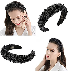 QIANXUAN Fashion Headbands For Women's Hair White Pearl Headbands For Girls Black Padded Headband Beading Pearls Hair Accessories Design Elegant Wide Hairbands