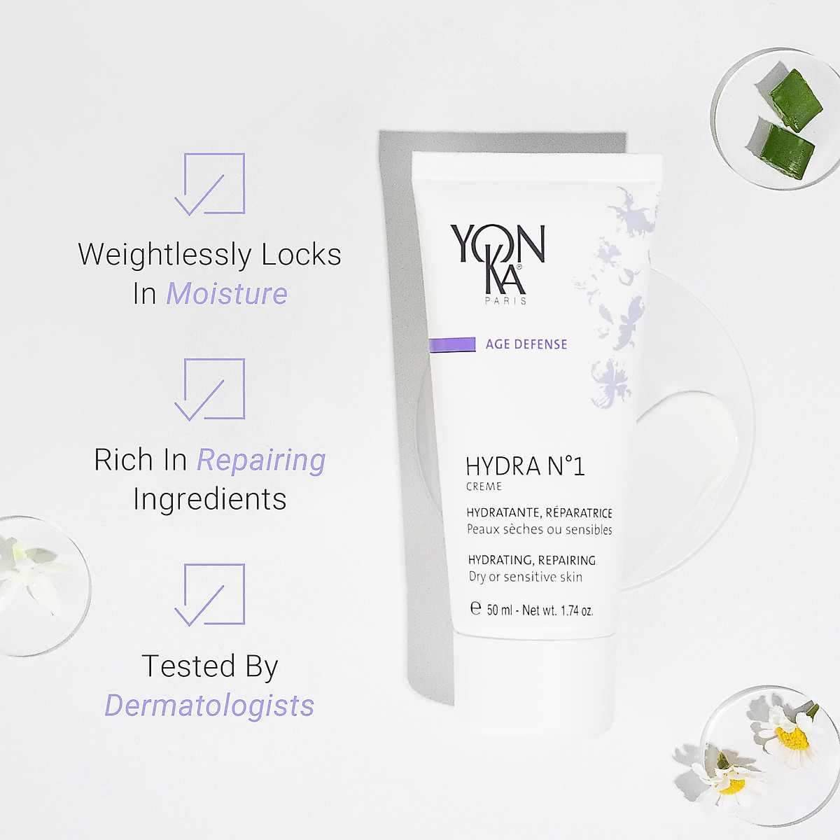 Yon-Ka Daily Reparative Moisturizer, Hydra No. 1 Creme - Rich Anti-Aging Skincare with Hyaluronic Acid, Vitamins A, C & E for Dry Skin, Paraben-Free, 50ml