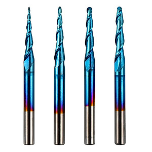 Genmitsu 4pcs 2-Flute Tapered Ball Nose End Mills Tungsten Carbide Cutter with Nano Blue Coat, R0.25-1.0, 1/8” Shank, TB04A