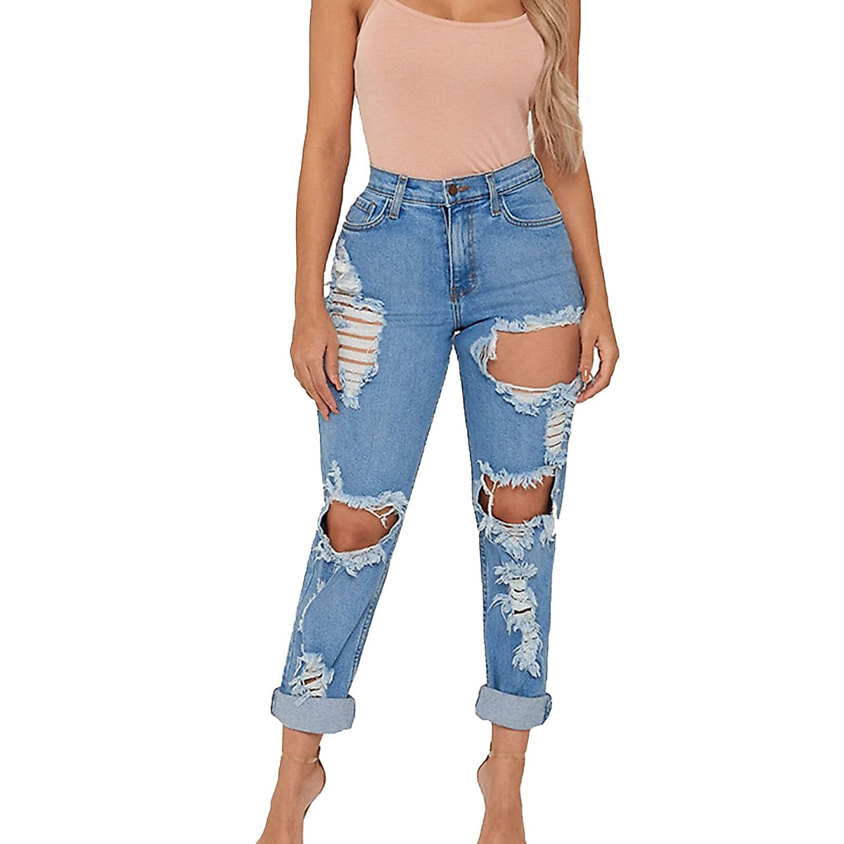 Maiyifu-GJ Women's High Waisted Ripped Boyfriend Jeans Loose Fit Distressed Destroyed Denim Pants Casual Comfy Stretch Jeans (Blue,Large)