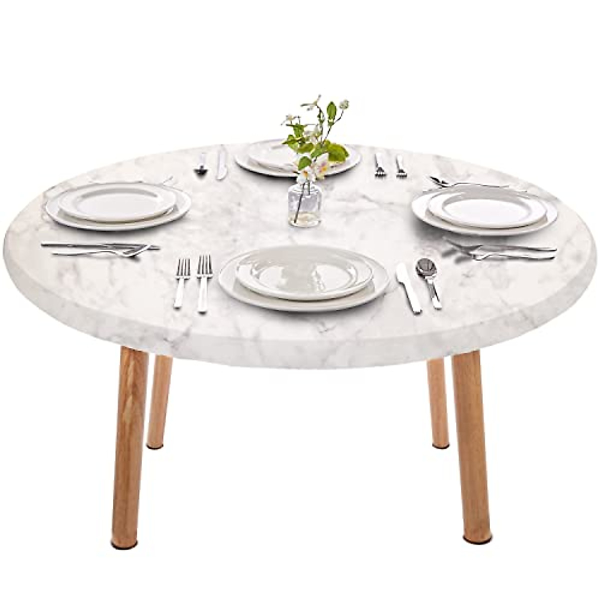 Gorilla Grip Vinyl Round Tablecloth, Fitted Elastic Edge Cover, Fade and Stain Resistant Table Cloths, Spill Proof Linen Covers for Indoor Dining, Outdoor Picnic Parties, Camping, 44" Marble White