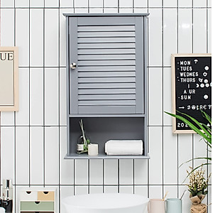 Tangkula Medicine Cabinet, Wall Mounted Bathroom Cabinet Single Door Wooden Bathroom Wall Cabinet with Adjustable Shelf (Grey)