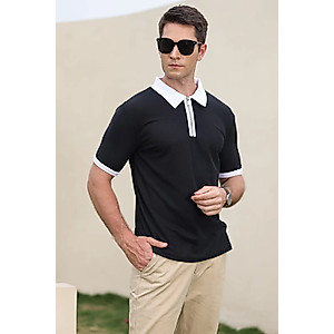 Rela Bota Men's Short Sleeve Polo Shirts Fashion Zipper Polos Casual Slim Fit T-Shirt Black with White 2XL