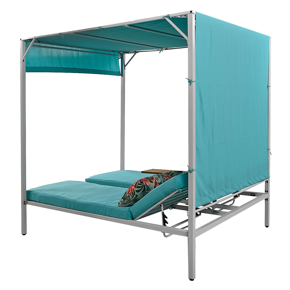 GOAWGO Outdoor Patio Daybed with Canopy-Double Chaise Lounge, 2-Person Sunbed with Comfy Cushions & Throw Pillows, Adjustable Small Tabletop, Sunshade Curtains, 3-Position Adjustable Backrest (Blue)