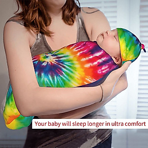 Tie Dye Colorful Rainbow Newborn Swaddle Blankets Beanie Hat Sets Soft and Stretchy Baby Blanket Swaddle Sack for Baby Shower Infant Boy and Girl