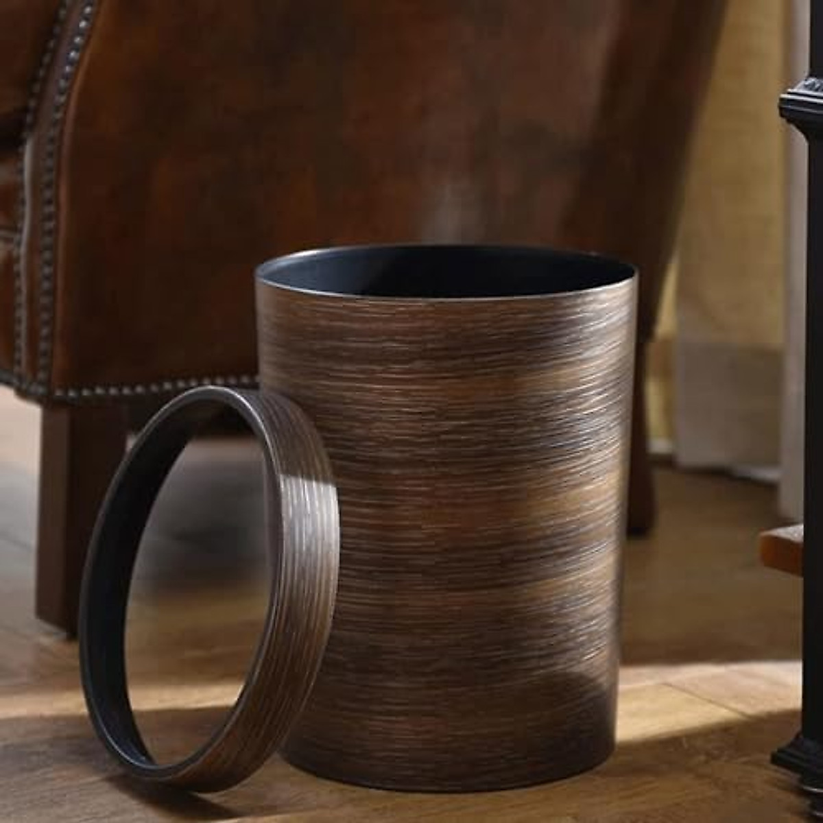PIPONS Garbage Bin for Bathroom Retro Pressing Ring Plastic Trash Can Mimetic Wood Grain Garbage Bin for Kitchen Household Office Trash Can Wastebasket (Color : 10l/2.5gal)