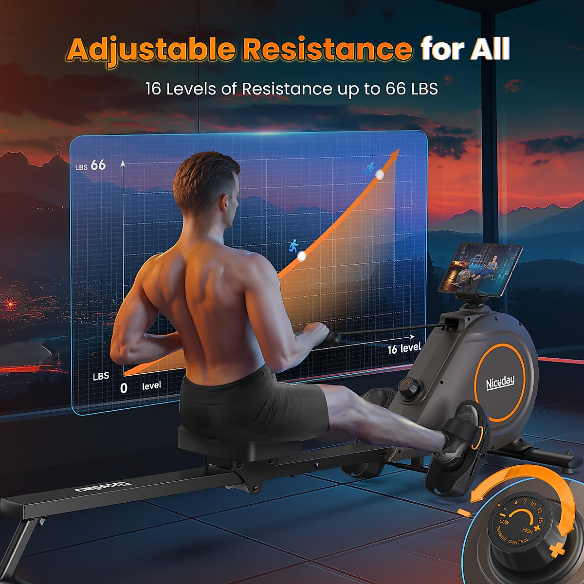 Niceday Rowing Machine, Magnetic Rower for Home Use, Smart Rowing Machine Bluetooth Compatible with Kinomap APP, Rower Machine with 16 Resistance Levels & 350 LBS Weight Capacity