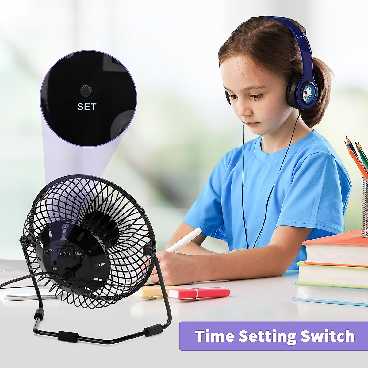 Justup USB LED Fan Portable Desk Fan With Real Time Date and Temperature Display Personal Table Cooling Fan 360°Rotation Durable for Home and Office (Metal Design Low Noise 5 Inch, Black) (SW)