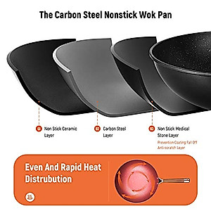 Kseroo 12.5” Woks & Stir-Fry Pans with Lid Steamer, Nonstick Ceramic Wok Pan with Lid, Deep Large Induction Hard Anodized Frying Wok, Carbon Steel Wok Set Flat Bottom, Large Saute Pan Set