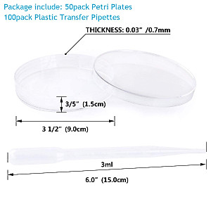50 Pack Plastic Petri Dishes with Lid, 90mm Dia x 15mm Deep Sterile Petri Plates with 100 Pack 3 ml Plastic Transfer Pipettes, Petri Dish Set for Lab, Experiment, Biology, Microbiology Studies
