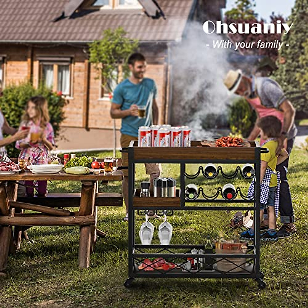 Ohsuaniy Bar Cart Industrial Kitchen Serving Carts for Home 3 Tier Storage Trolley with Wine Rack Glasses Holder Two Portable Trays Universal Casters with Brakes Rustic Rolling Cart Alcoholic Beverage