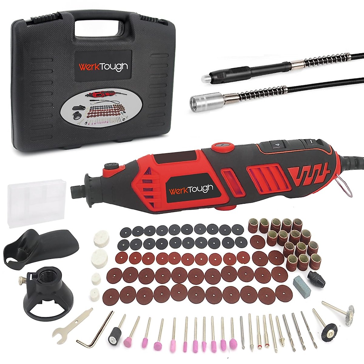 Werktough 170W Rotary Tool Kit High Power High Speed High Value Accessories 100pcs Including Universal Keyless Chuck Flexible Shaft and Cutting Guide and With Hanger Low Noise Low Vibration
