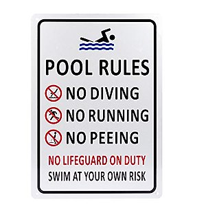 Kichwit Pool Rules Sign for Outdoor, Backyard Metal Swimming Pool Sign, No Diving No Running No Peeing No Lifeguard on Duty Sign, Aluminum, Weather Resistant, 9.4 x 13.4 Inches, Silver