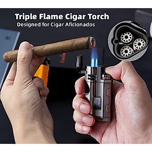 Castelar Cigar Torch Lighter Triple Jet Flame Butane Refillable with Cigar Punch Rest Holder - Butane Not Included