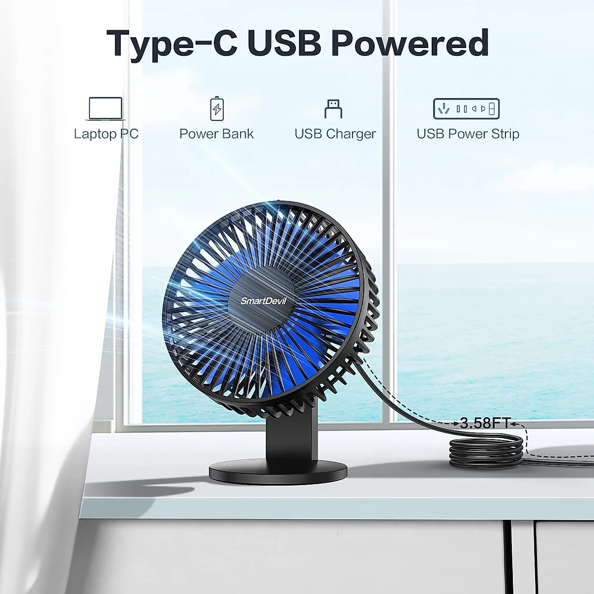 SMARTDEVIL Small Desk Fan, USB Fan with Strong Airflow, 4 Speeds Portable Desktop Table Fan, Adjustment Personal Mini Fan, Quiet Operation, for Home Office Car Outdoor Travel (Black)