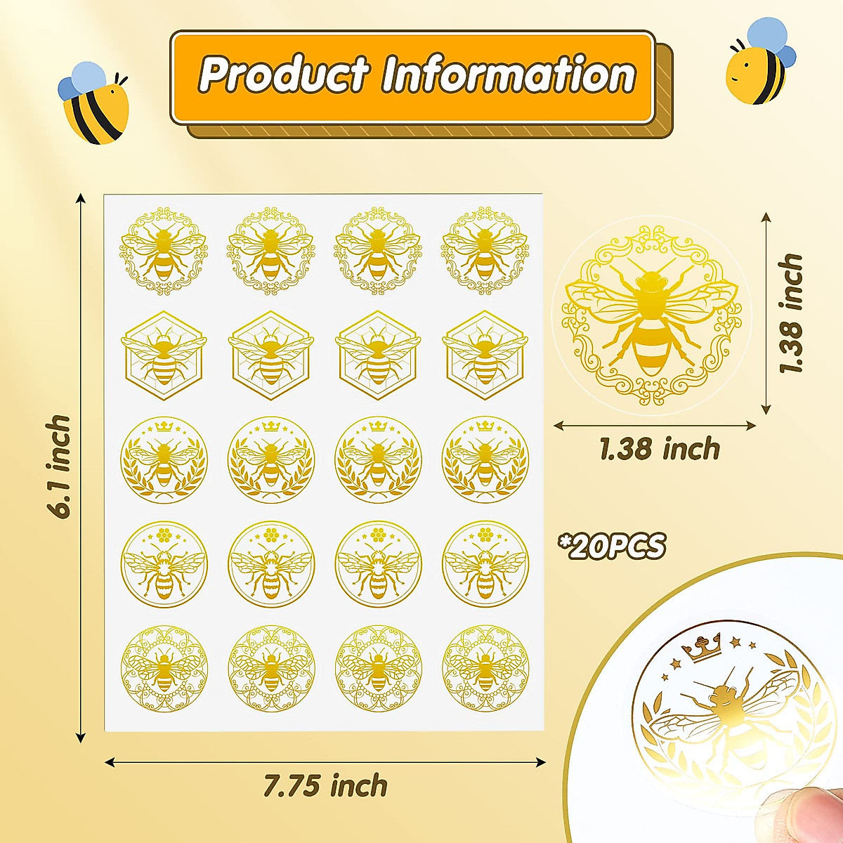Gueevin 400 Pcs Bee Gold Foil Stickers Gold Envelope Seal Stickers Clear Envelope Seals Self Adhesive Stickers for Greeting Invitation Thanksgiving Christmas Birthday Wedding Party Gift Wrapping