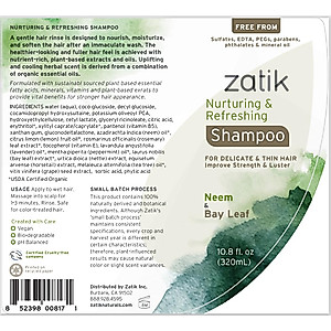 Zatik Naturals - Nurturing and Refreshing Shampoo with Neem & Bay Leaf for Dry, Fine, Delicate Hair - Vegan, Biodegradable, pH Balanced, Free From sulfates, Parabens, fragrances, phthalates. 10.8 oz