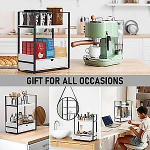 AnnBay Bathroom Counter Organizer,2 Tier Bathroom Organizer Countertop,Bathroom Counter Organizer with Drawers,Wooden Bathroom Organizer with Metal Frame,Perfect for Bathroom,Makeup,Kitchen Storage