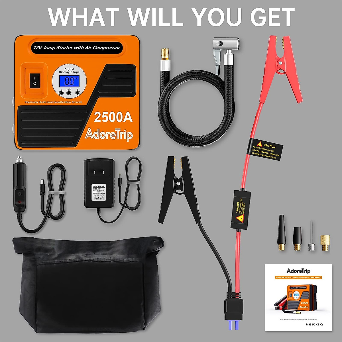 ADORETRIP Jump Starter with Air Compressor, 2500A 150PSI Car Battery Jump Starter (10.0L Gas/ 8.5LDiesel), 24000mAh 12V Jump Box Car Battery Jumper Starter Booster with Digital Display, 2 Lights