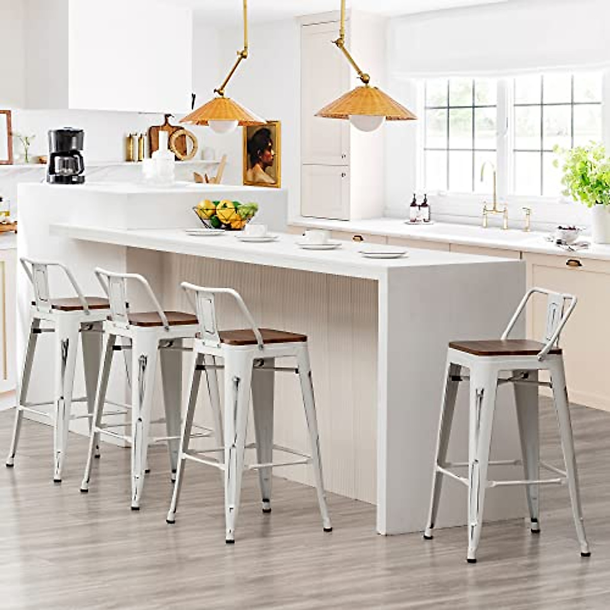 Andeworld Bar Stools Set of 4 Counter Height Stools Industrial Metal Barstools with Wooden Seats(24 Inch, Distressed White)