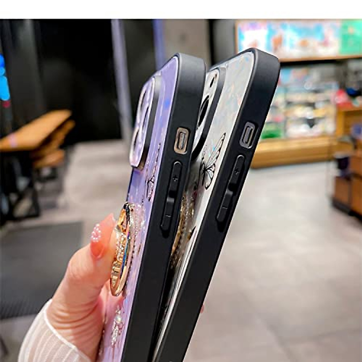 Topwin iPhone 14 Pro 6.1'' Kickstand Case, Cute 3D Butterfly Bling Glitter Marble Elegant Rhinestone Diamond Hard Back Soft TPU Bumper Cover for Girls for Apple iPhone 14 Pro 6.1 2022 (Rose Gold)