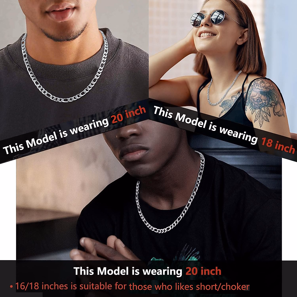 Jewlpire Silver Chain for Men Women, 5.5mm Men's Chain Necklace Stainless Steel Figaro Chain Necklaces Mens Silver Chain, 16 Inches