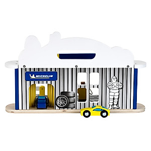 Theo Klein Michelin Car Service Station Kids Wooden Toy Playset with 2 Cars, 2 Fuel Pumps, and Car Wash Station for Ages 3 and Up