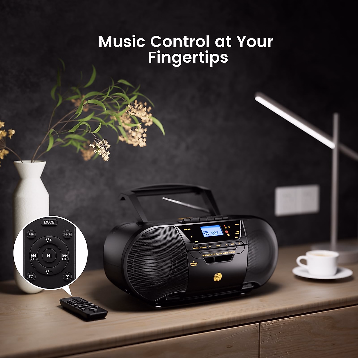 Boom Box CD and Cassette Tape Player, Hernpark Rechargeable CD Tape Player with Remote Control, Bluetooth, FM Radio, Sleep Mode, Stereo Sound, EQ Mode, USB Drive, Aux/Headphones Jack (Black)