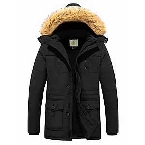 WenVen Men's Winter Coat Bubble Parka Jacket with Fur Removable Hood (Black, L)