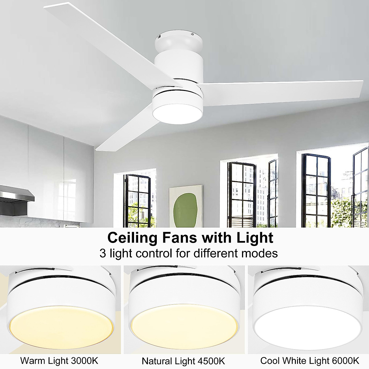 Flybull 52'' Ceiling Fans with Lights Flush Mount, Low Profile Ceiling Fans with Lights and Remote - 3 Blades, 6 Speed, Quiet DC Motor, Modern Ceiling Fan for Bedroom Porch