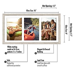 Americanflat 8x16 Collage Picture Frame in Driftwood - Displays Three 5x7 Frame Openings - Engineered Wood Panoramic Picture Frame with Shatter Resistant Glass, Hanging Hardware, and Easel