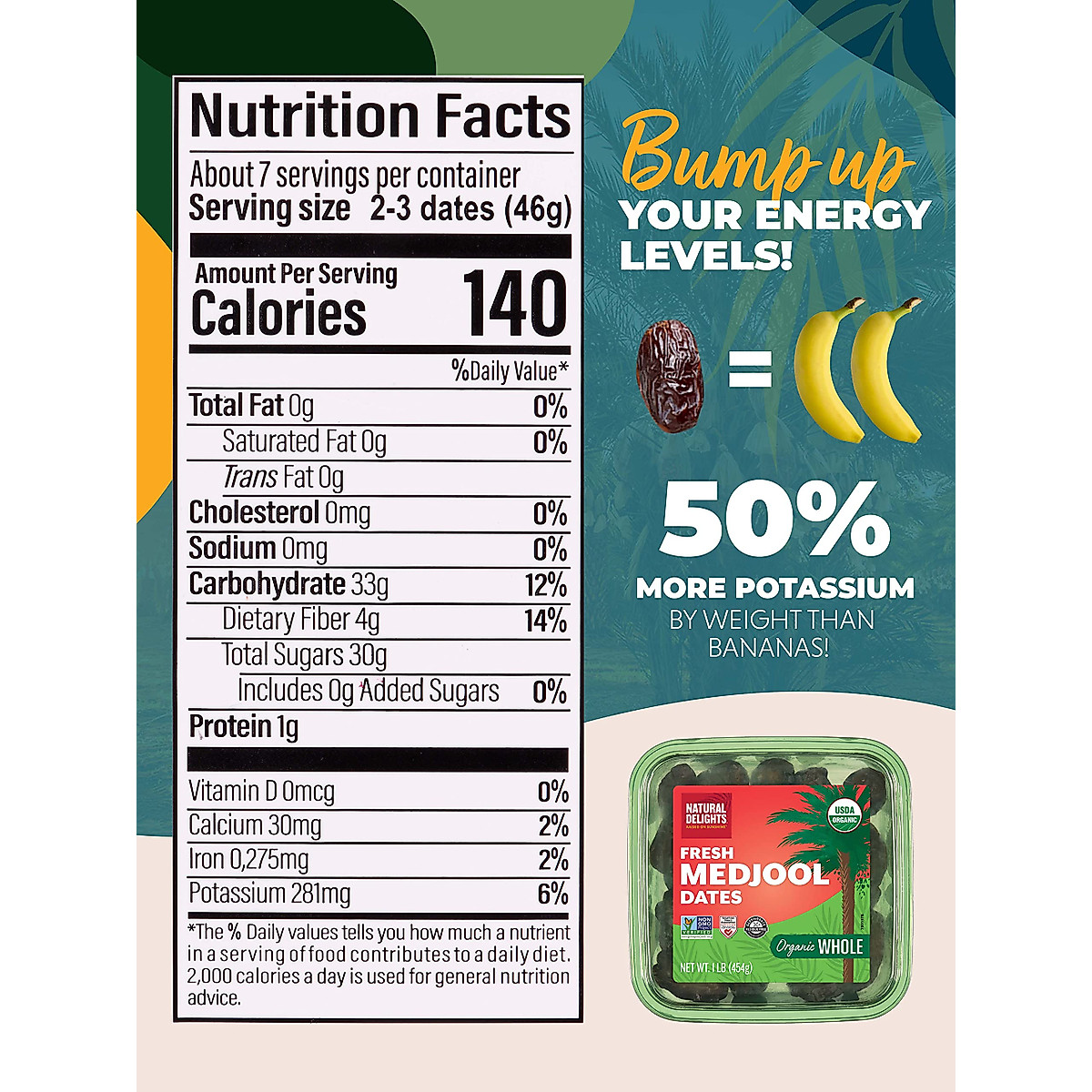 Natural Delights Organic Medjool Dates – Large & Plump USDA Certified , Non-GMO Verified, Good Source of Fiber, Naturally Sweet Fruit Snack, Perfect for On-the-Go - Whole Medjool Dates Organic, 1 lb oz Container