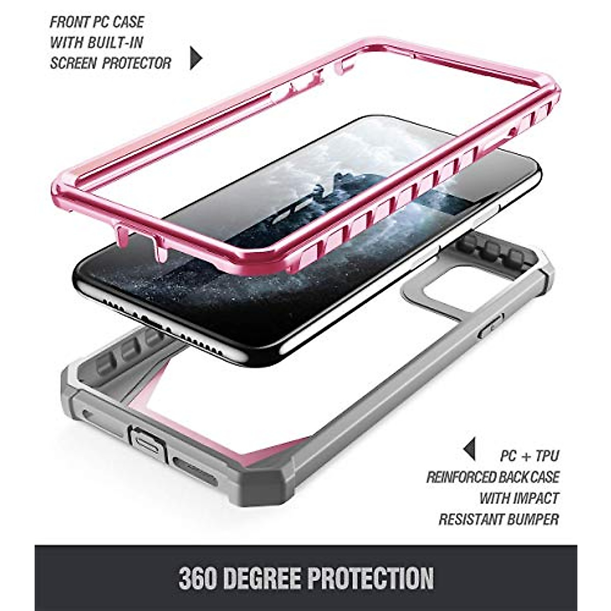iPhone 11 Pro Max Case, Poetic Full-Body Hybrid Shockproof Ruggec Clear Bumper Cover, Built-in-Screen Protector, Guardian Series, Case for Apple iPhone 11 Pro Max (2019) 6.5 Inch, Pink/Clear